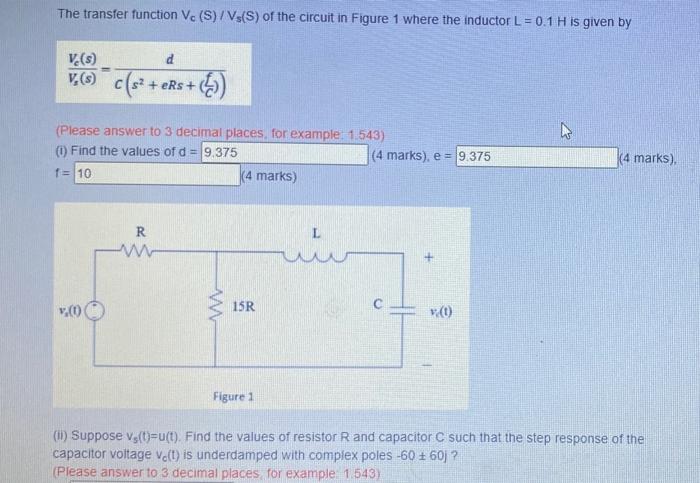 Solved The transfer function Vc (S)/Vs(S) of the circuit in | Chegg.com