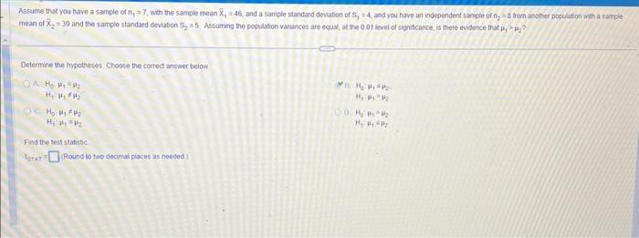 Solved Assume that you have a sample of n1=7, wth the sample | Chegg.com