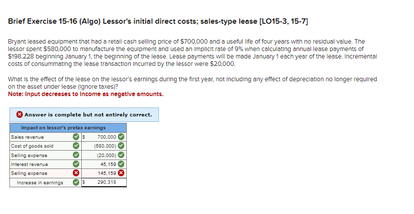 Solved Brief Exercise 15-16 (Algo) ﻿Lessor's initial direct | Chegg.com