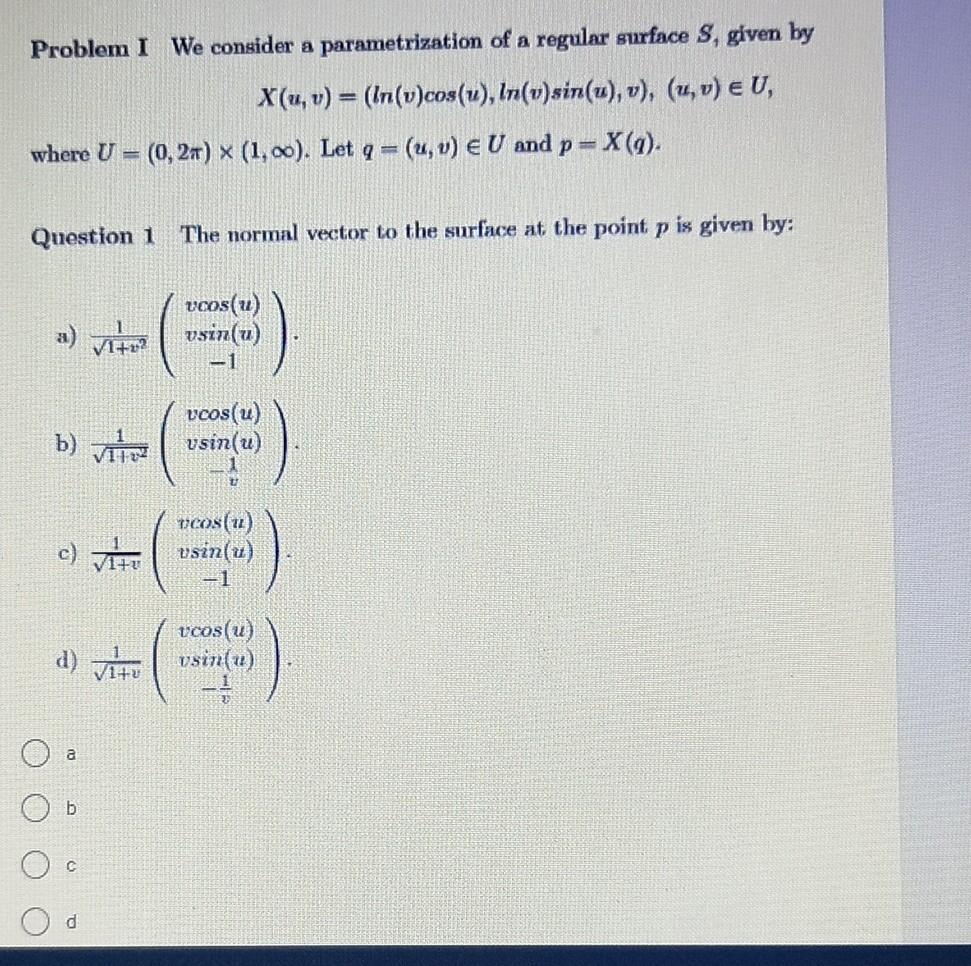 Solved Problem I We consider a parametrization of a regular | Chegg.com