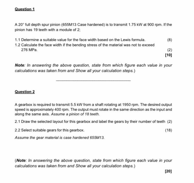 Solved Question 1 A 20°full depth spur pinion (655M13 Case | Chegg.com