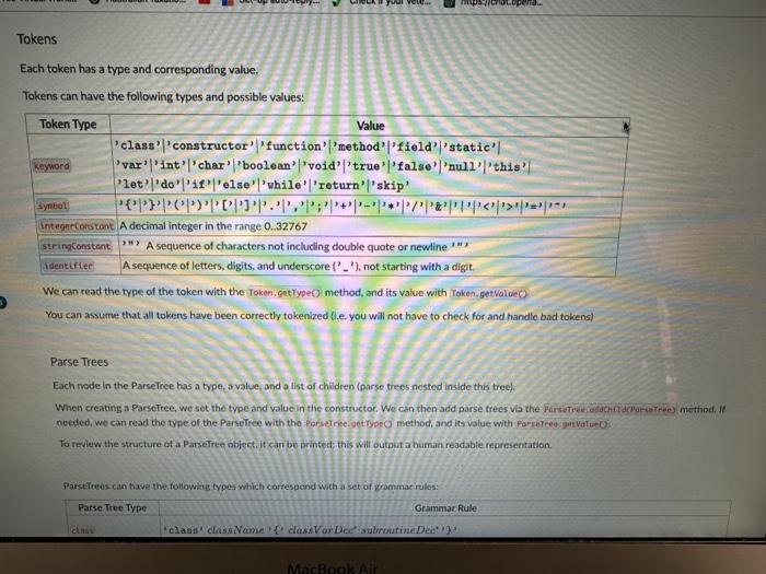 Tokens Each token has a type and corresponding value. | Chegg.com