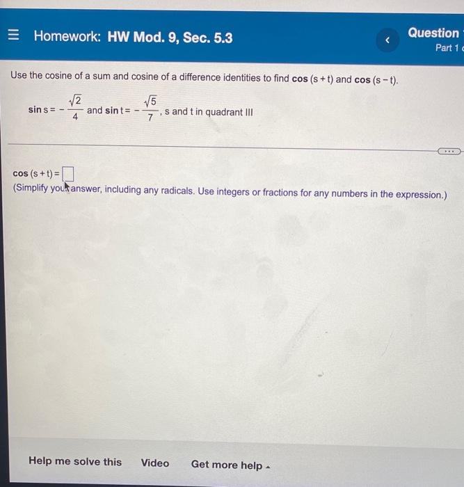 [Solved]: Homework: HW Mod. 9, Sec. 5.3 Use the cosine of a