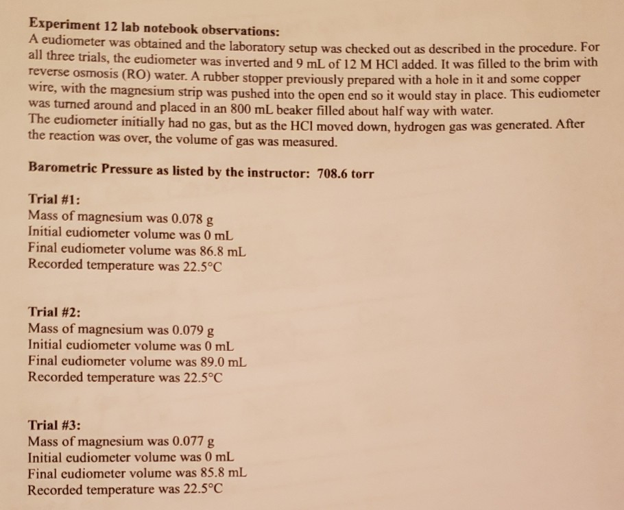 Solved Experiment 12 lab notebook observations: A eudiometer | Chegg.com