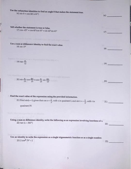 Solved Use the cofunction identities to find an angle θ that | Chegg.com