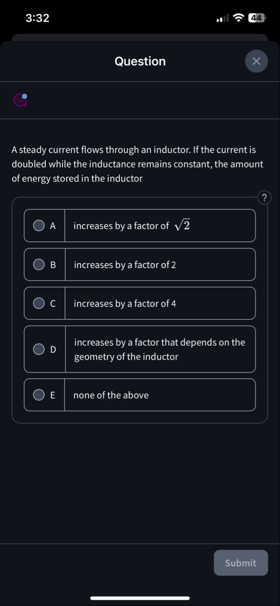 Solved 3:3244QuestionA steady current flows through an | Chegg.com