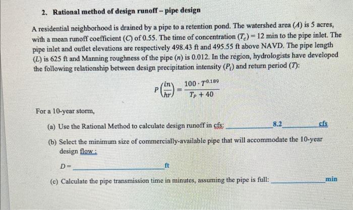 Solved 2. Rational method of design runoff - pipe design A | Chegg.com