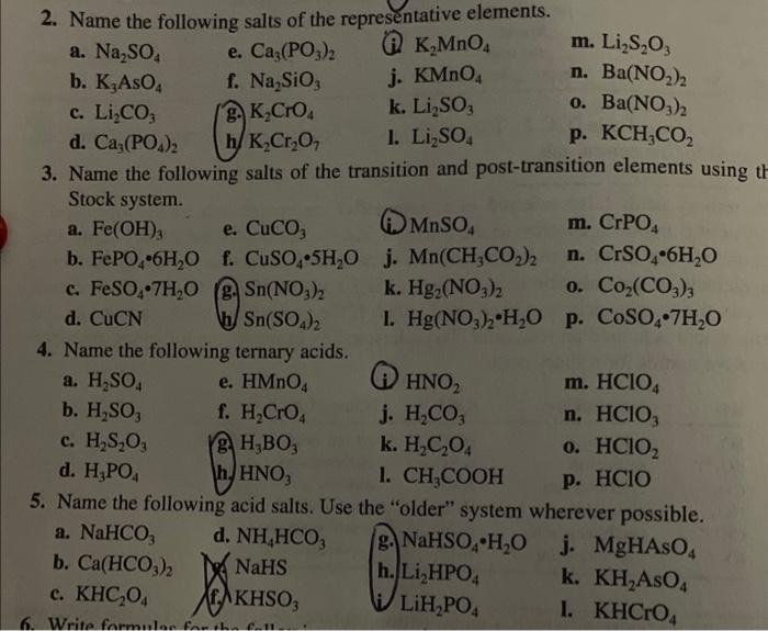 Solved 2. Name the following salts of the representative | Chegg.com