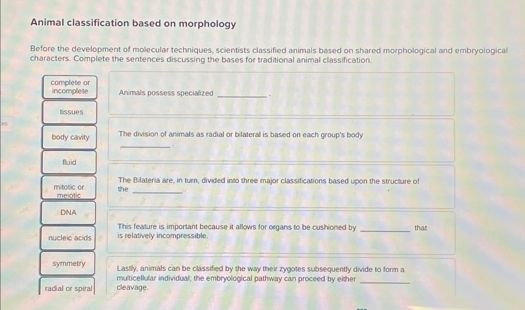 Solved Animal classification based on morphologyBefore the | Chegg.com