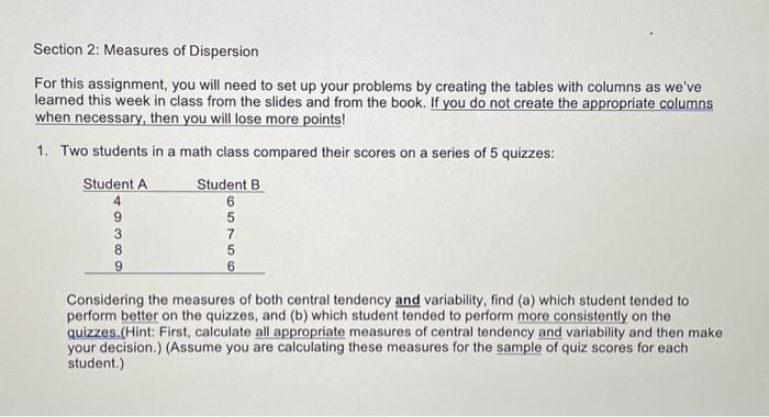 Solved Section 2: Measures of Dispersion For this | Chegg.com