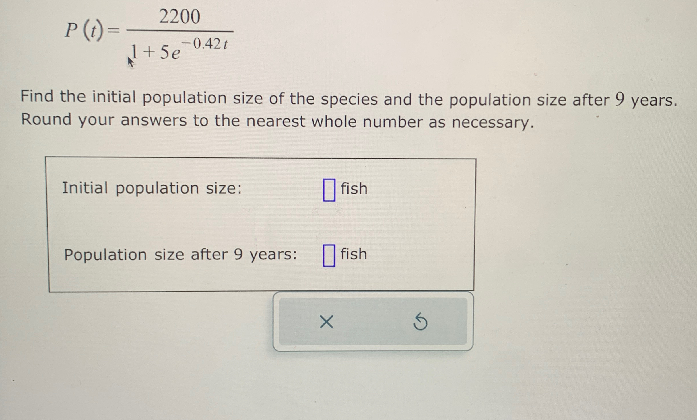 P(t)=22001+5e-0.42tFind the initial population size | Chegg.com