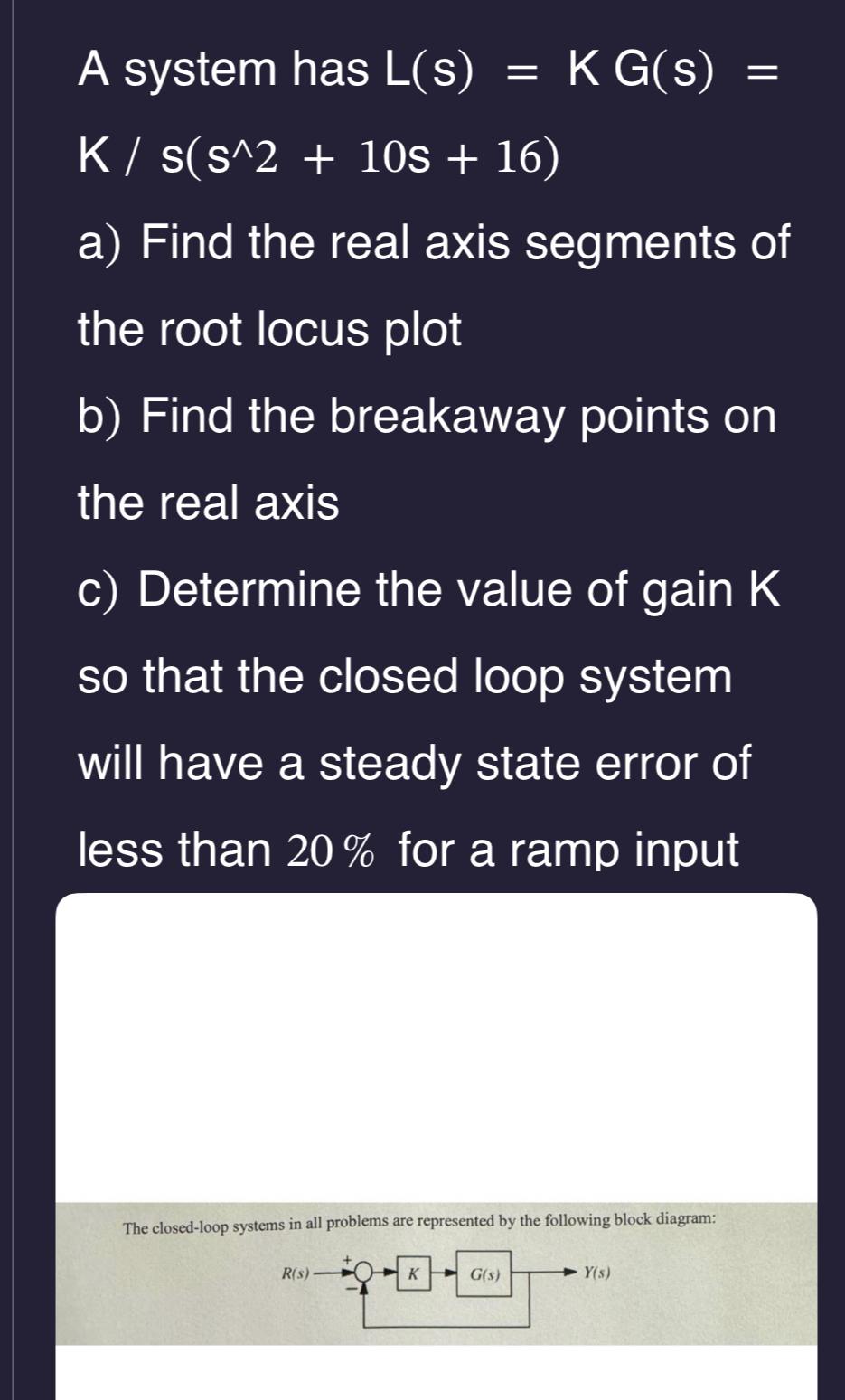 A system has L(s)=K G(s)=K ?? s(s2+10(s)+16)a) ﻿Find | Chegg.com