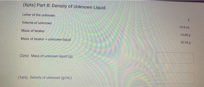 Solved (6pts) Part B: Density of Unknown Liquid Letter of | Chegg.com