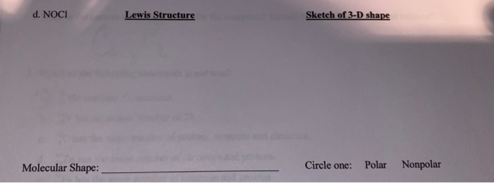 Solved d. NOCI Lewis Structure Sketch of 3-D shape Molecular | Chegg.com