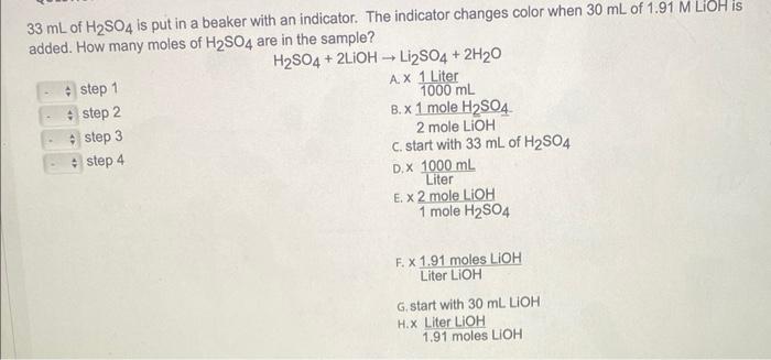 Solved 33 mL of H2SO4 is put in a beaker with an indicator. | Chegg.com