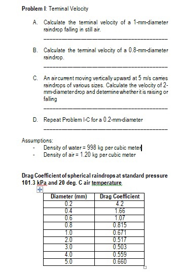 Solved Problem l: Terminal Velocity A. Calculate the | Chegg.com