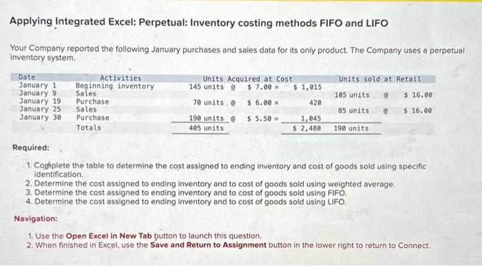 Applying Integrated Excel: Perpetual: Inventory | Chegg.com