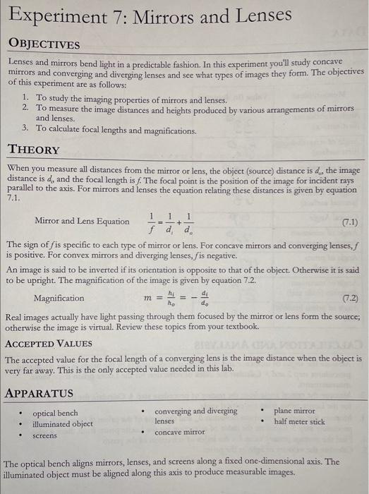 Solved Experiment 7: Mirrors and Lenses OBJECTIVES Lenses | Chegg.com
