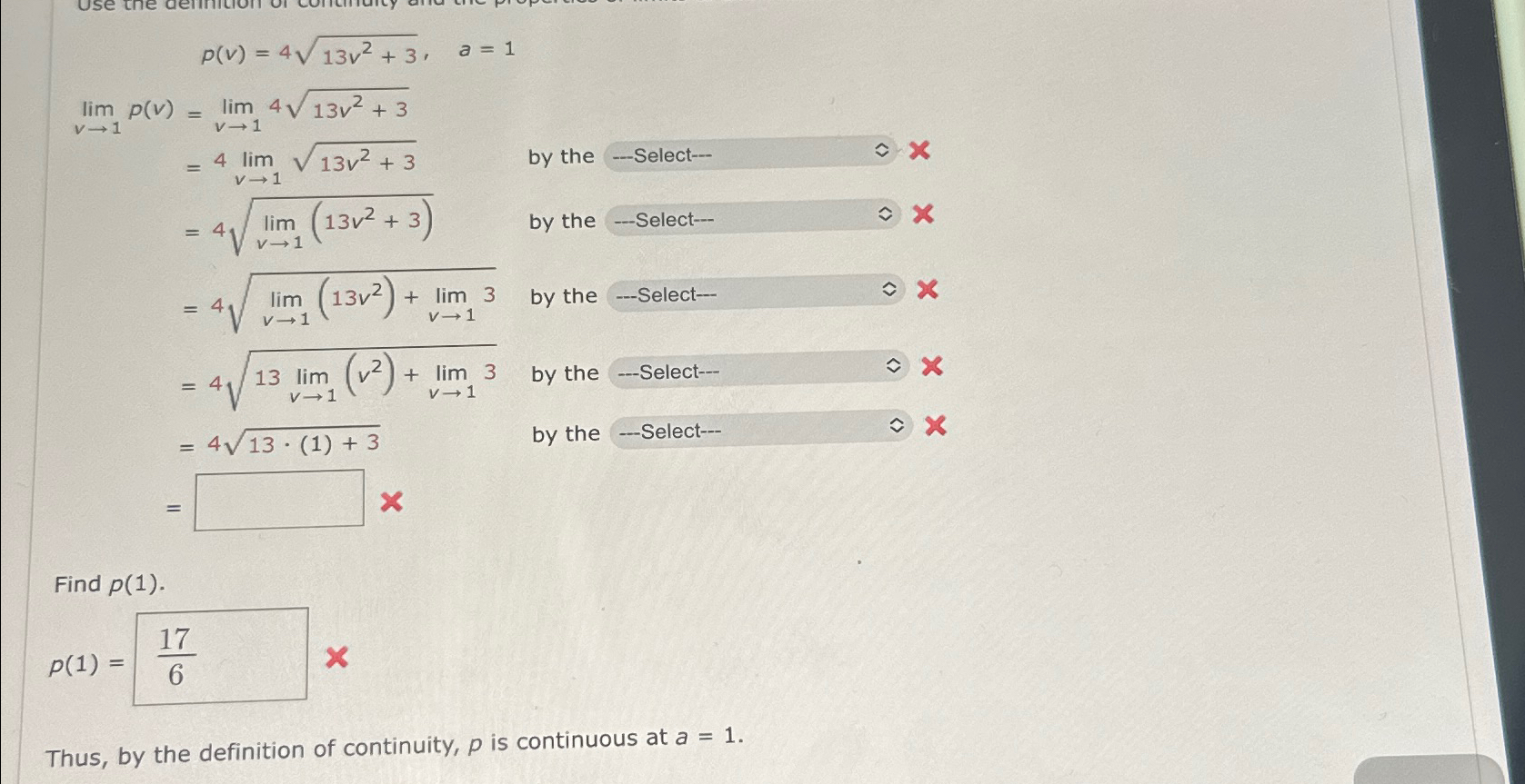 Solved limv→1p(v),=limv→1413v2+32,,=4limv→113v2+32 by ﻿the | Chegg.com