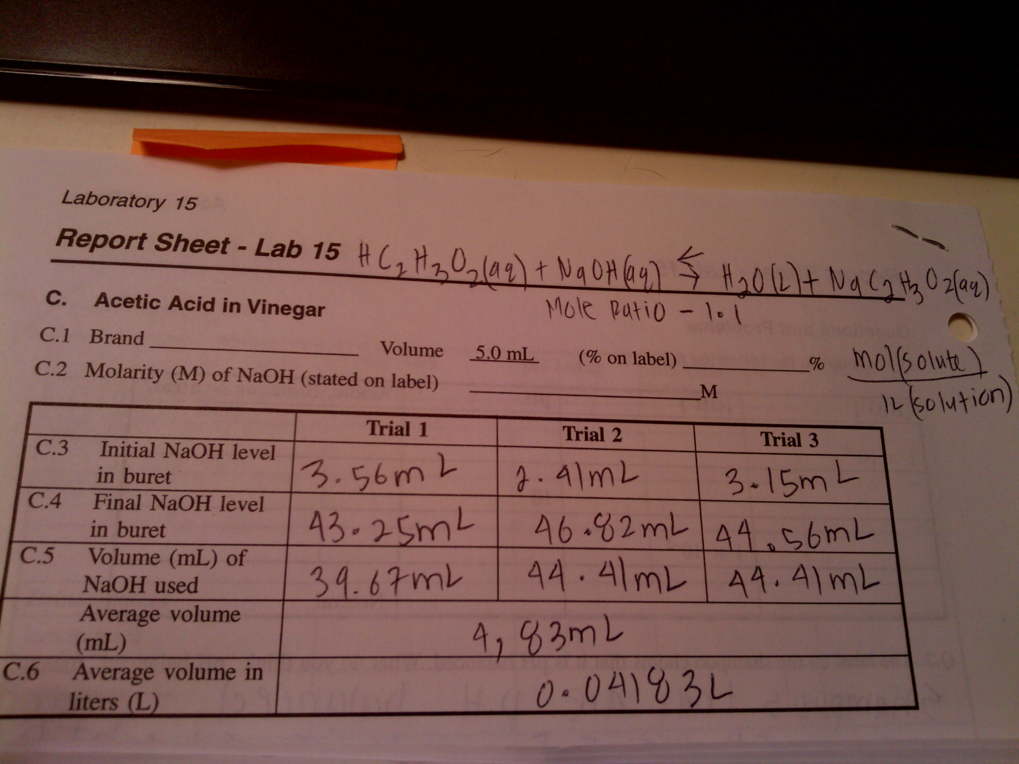 Solved Moles of NaOH used in titration mole NaOH Moles of | Chegg.com