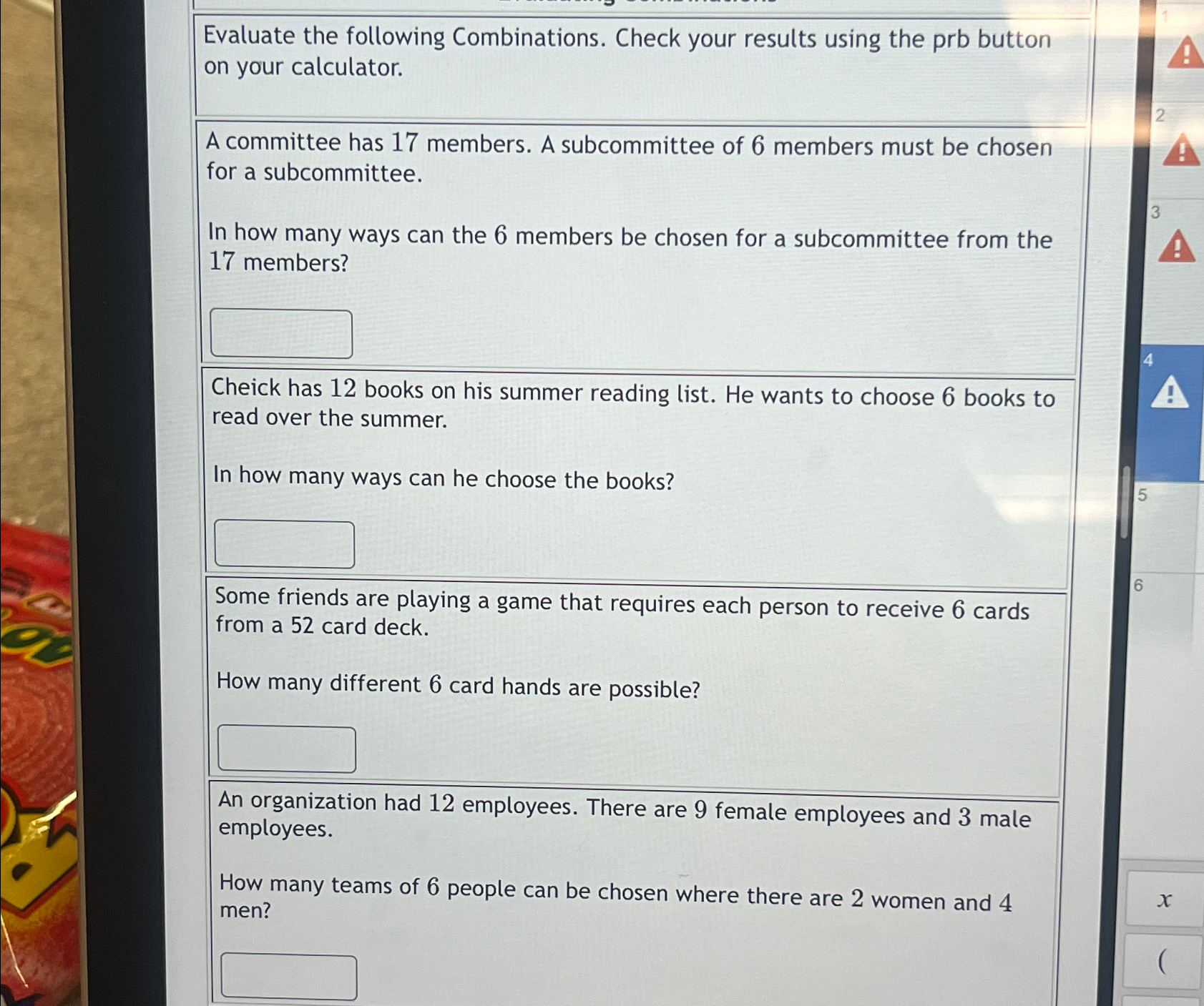 Solved Evaluate the following Combinations. Check your | Chegg.com