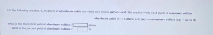 Solved For the folbowing reaction. 6.73 grarns of aluminuma | Chegg.com