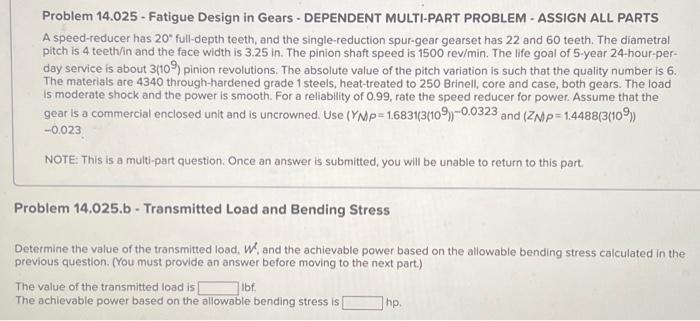 Solved Problem 14.025 - Fatigue Design in Gears - DEPENDENT | Chegg.com