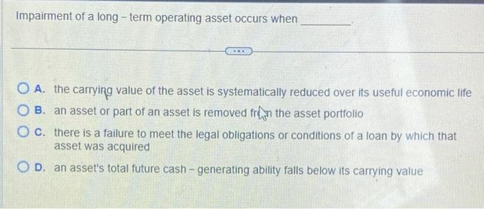 Solved Impairment of a long - term operating asset occurs | Chegg.com