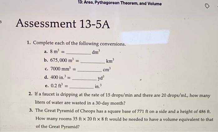 13: Area, Pythagorean Theorem, and Volume ssessment | Chegg.com