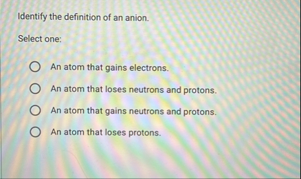 Identify the definition of an anion.Select one:An | Chegg.com