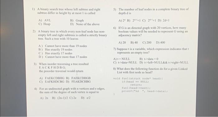 Solved 1) A binary search tree whose left subtree and right | Chegg.com