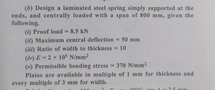 Solved (b) ﻿Design a laminated steel spring simply supported | Chegg.com