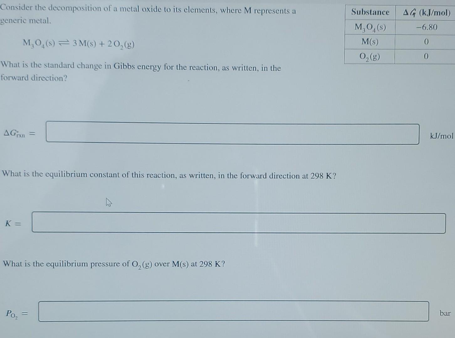 Solved Consider the decomposition of a metal oxide to its | Chegg.com
