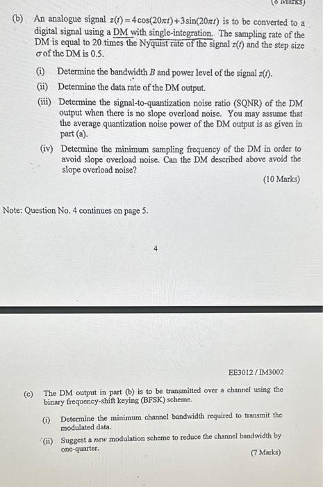 Solved (b) An analogue signal z(t)=4cos(20πt)+3sin(20πt) is | Chegg.com