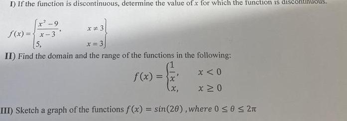 Solved I) If the function is discontinuous, determine the | Chegg.com