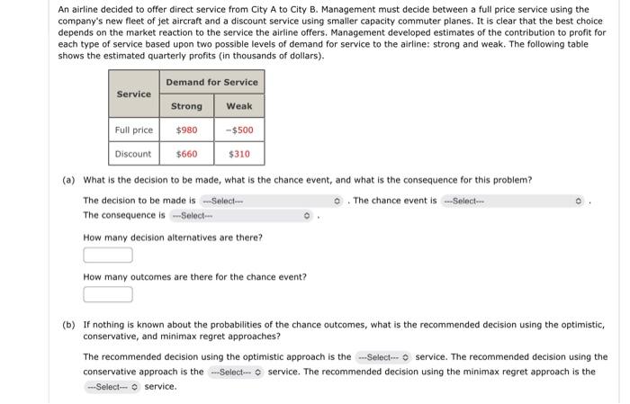Solved An airline decided to offer direct service from City | Chegg.com