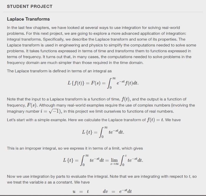 Solved STUDENT PROJECT Laplace Transforms In the last few | Chegg.com