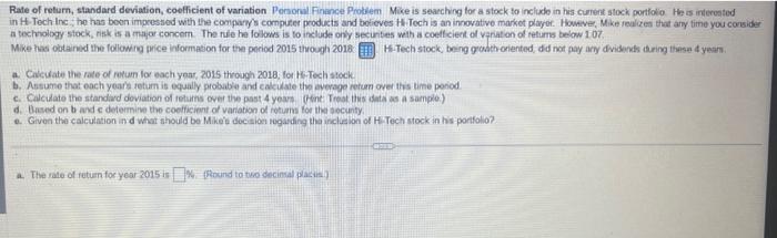 Solved Rate of return, standard deviation, coefficient of | Chegg.com