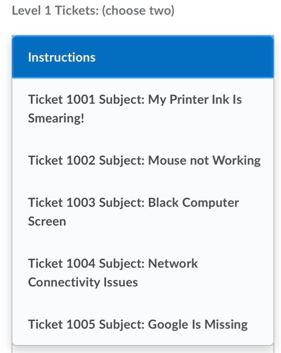 Solved Level 1 Tickets: (choose two) Instructions Ticket | Chegg.com