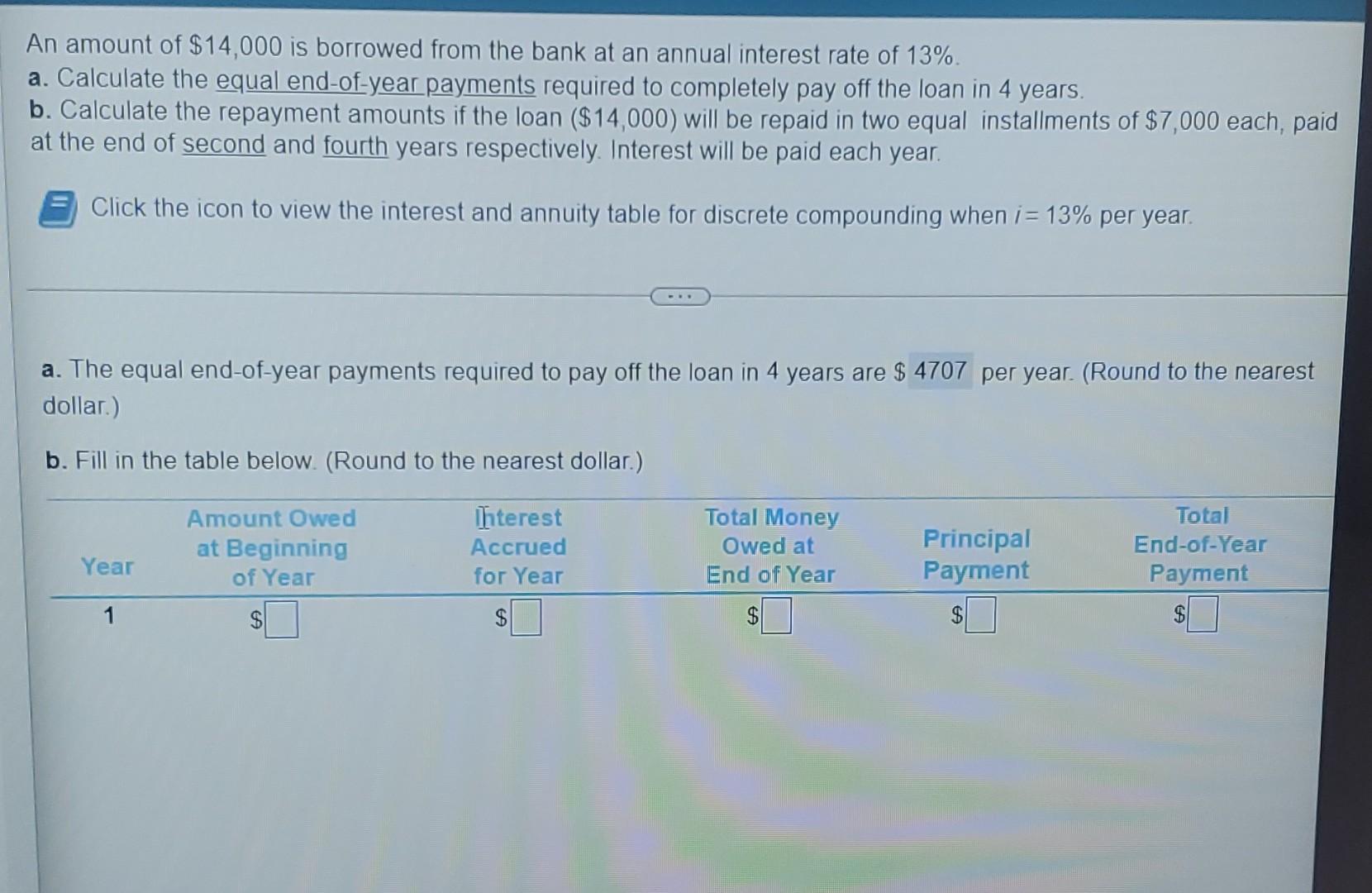 Solved An amount of $14,000 is borrowed from the bank at an | Chegg.com