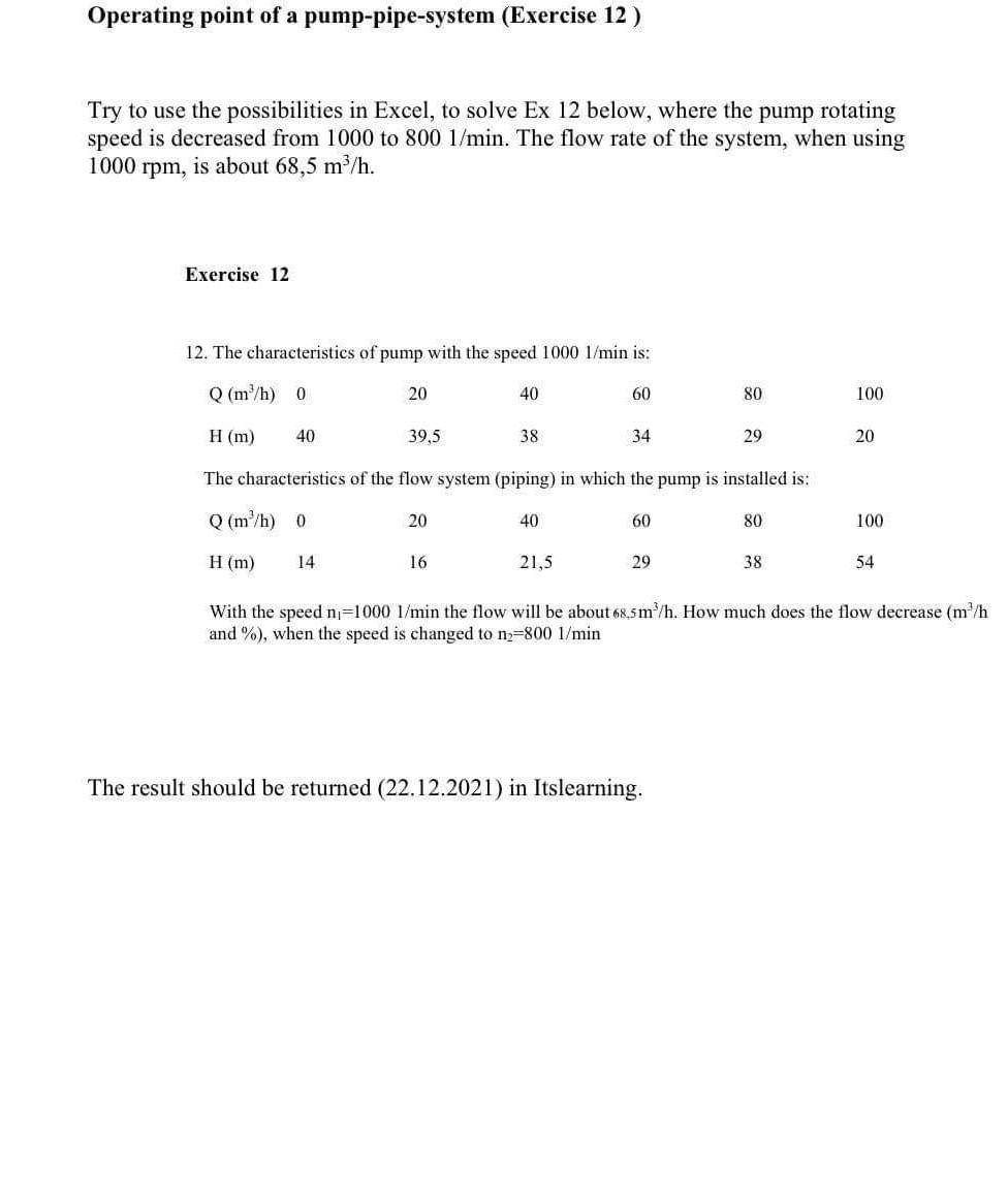 Solved Operating point of a pump-pipe-system (Exercise 12 ) | Chegg.com