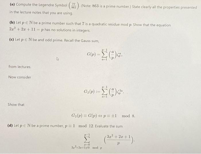 Solved (a) Compute the Legendre Symbol in the lecture notes | Chegg.com