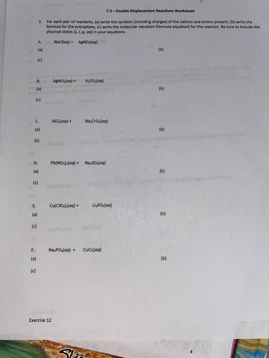 Solved 73 - Double Displacement Reactions Worksheet 1. For | Chegg.com