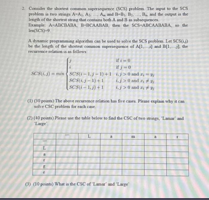 Solved Consider the shortest common supersequence (SCS) | Chegg.com