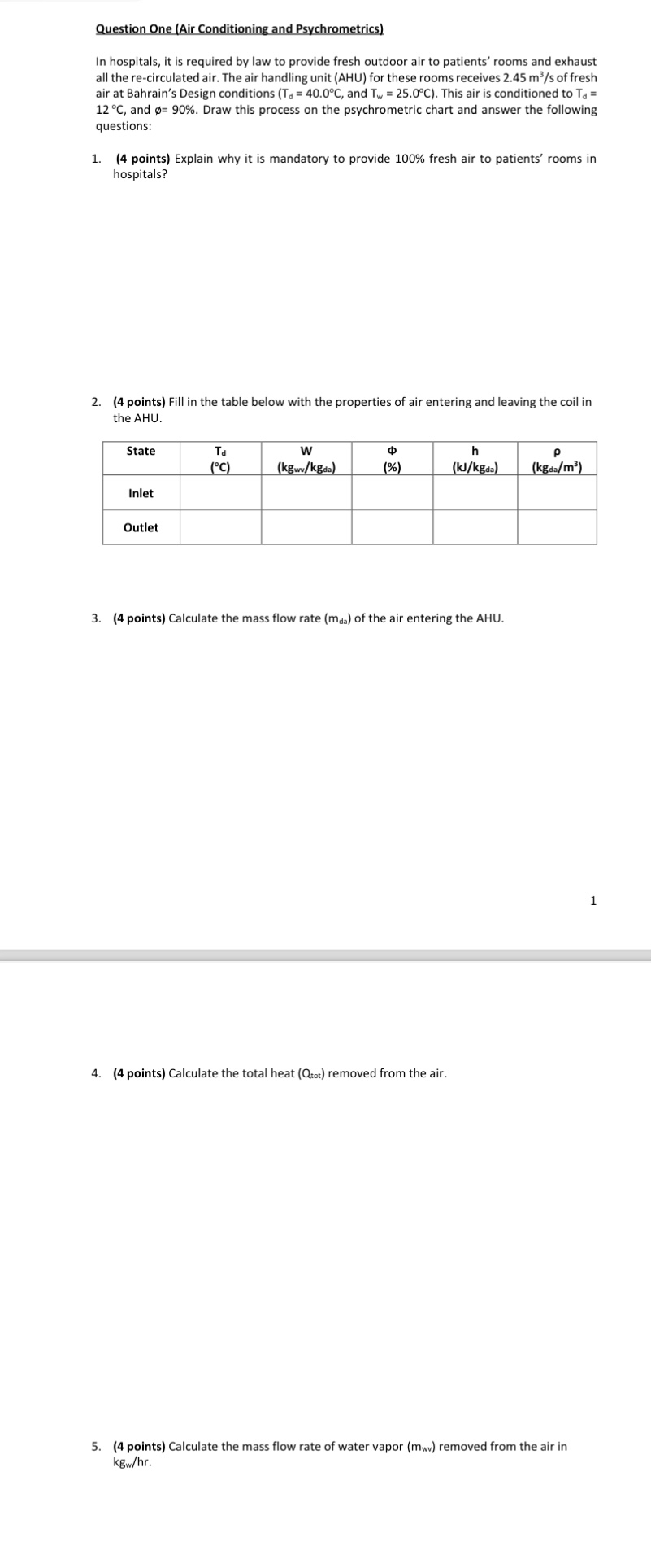 Solved Question One (Air Conditioning and Psychrometrics)In | Chegg.com