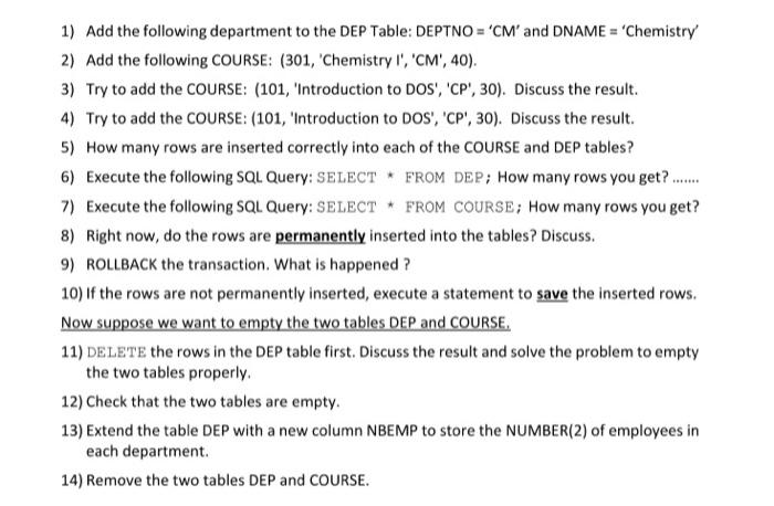 Solved 1) Add the following department to the DEP Table: | Chegg.com