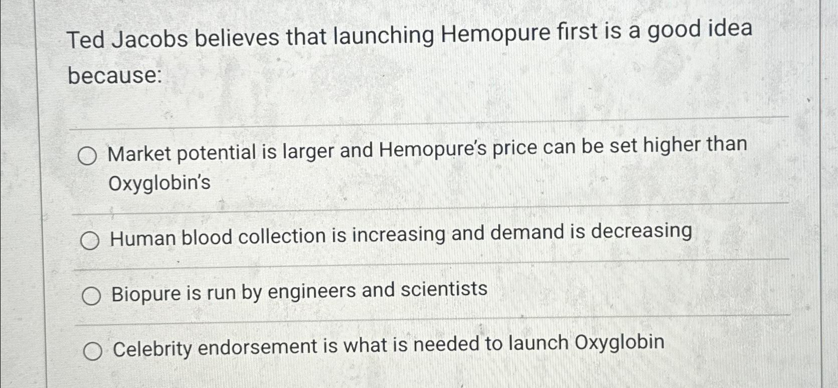 Solved Ted Jacobs believes that launching Hemopure first is | Chegg.com