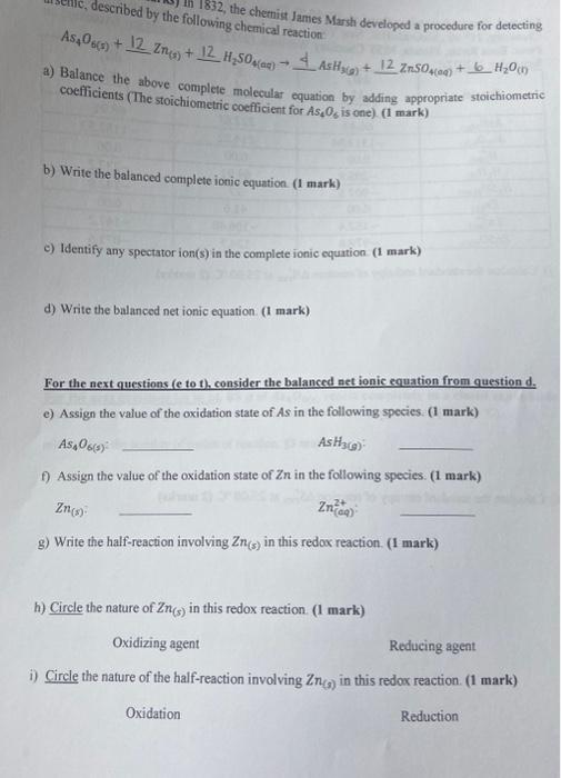 Solved towing chemical reaction- a) Balance the above | Chegg.com