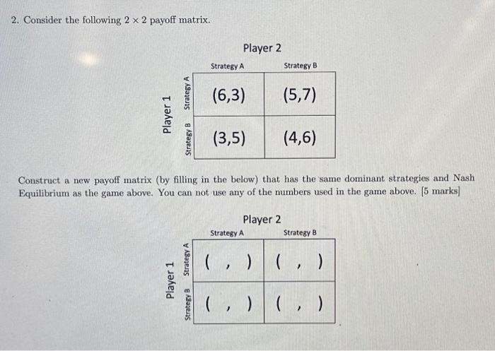 2. Consider the following 2×2 payoff matrix. Player 2 | Chegg.com