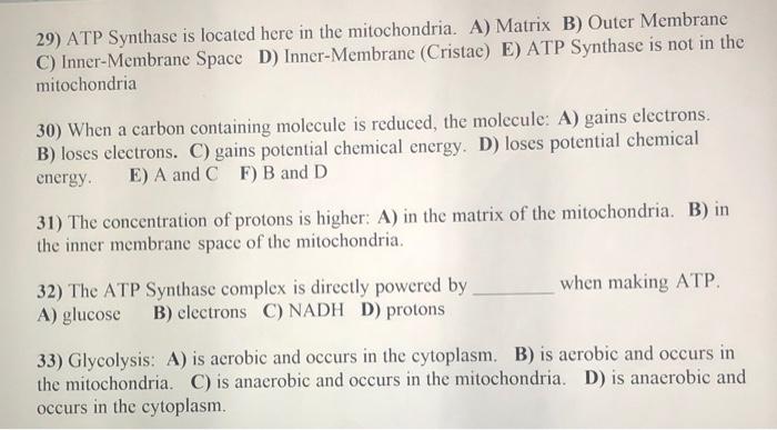Solved 29) ATP Synthase is located here in the mitochondria. | Chegg.com